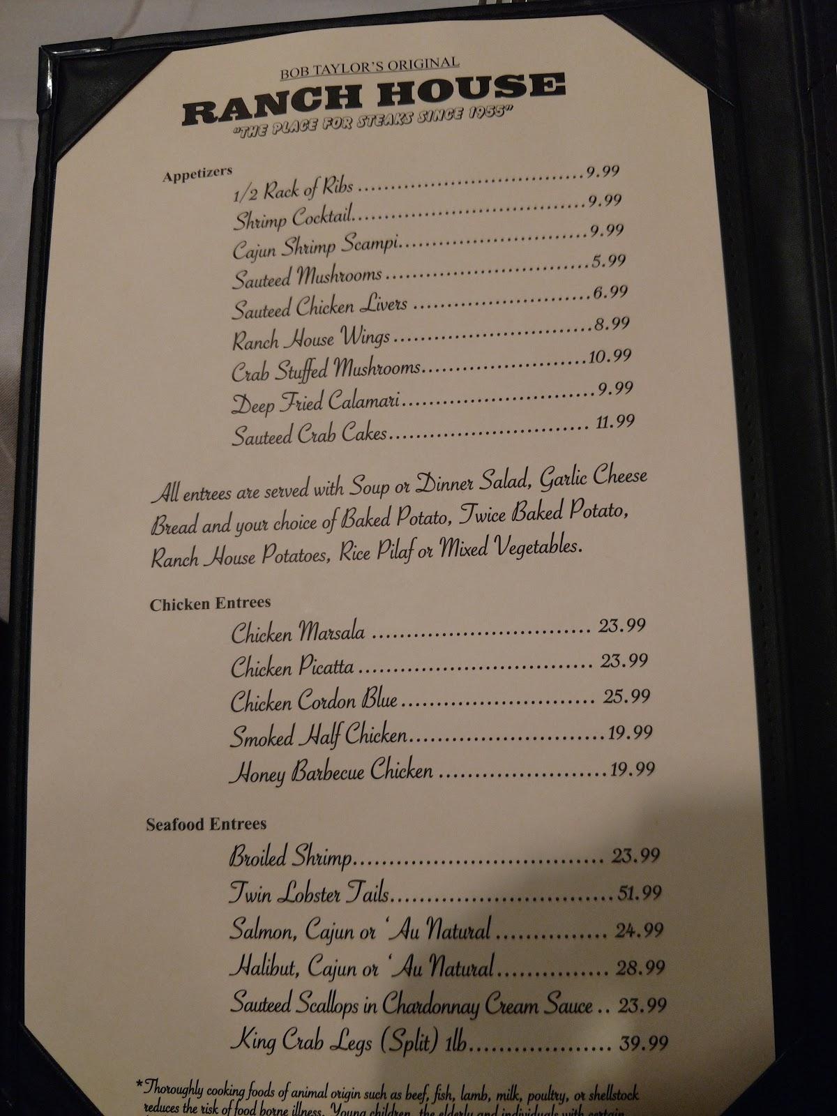 Menu at Bob Taylor's Ranch House pub & bar, Las Vegas