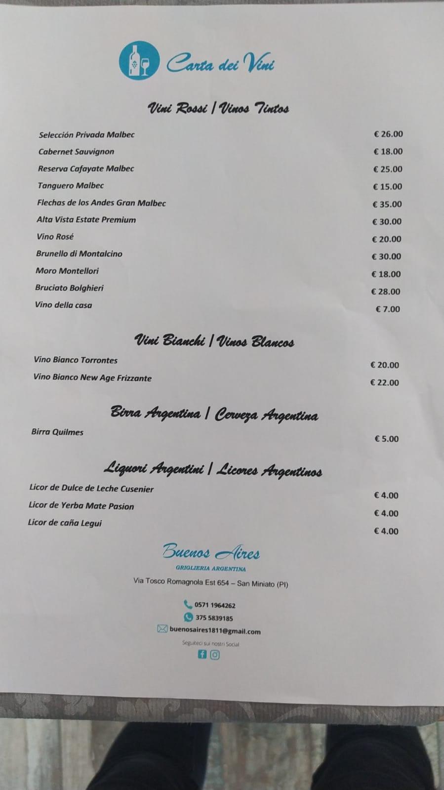 Menu at Buenos Aires Griglieria Argentina restaurant, San Miniato