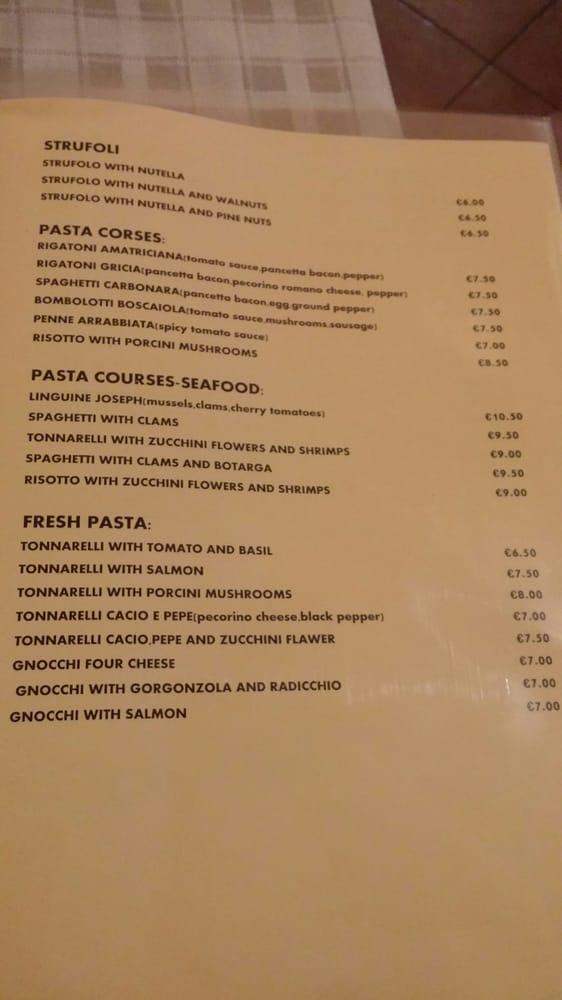 Menu da Joseph Ristorante, Roma