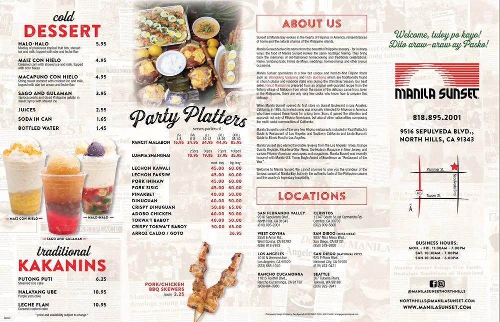 Menu at Manila Sunset - SFV restaurant, Los Angeles, Sepulveda Blvd