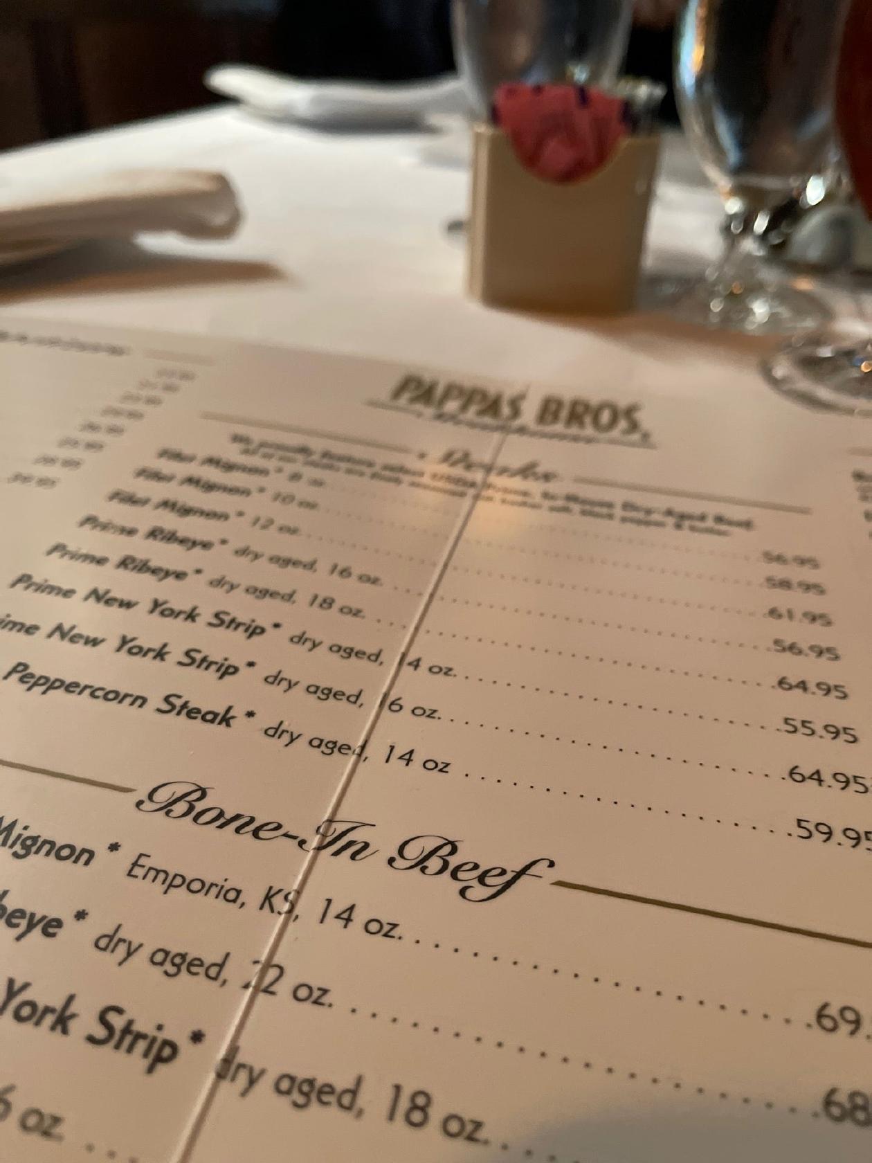 Menu at Pappas Bros. Steakhouse, Houston, Westheimer Rd