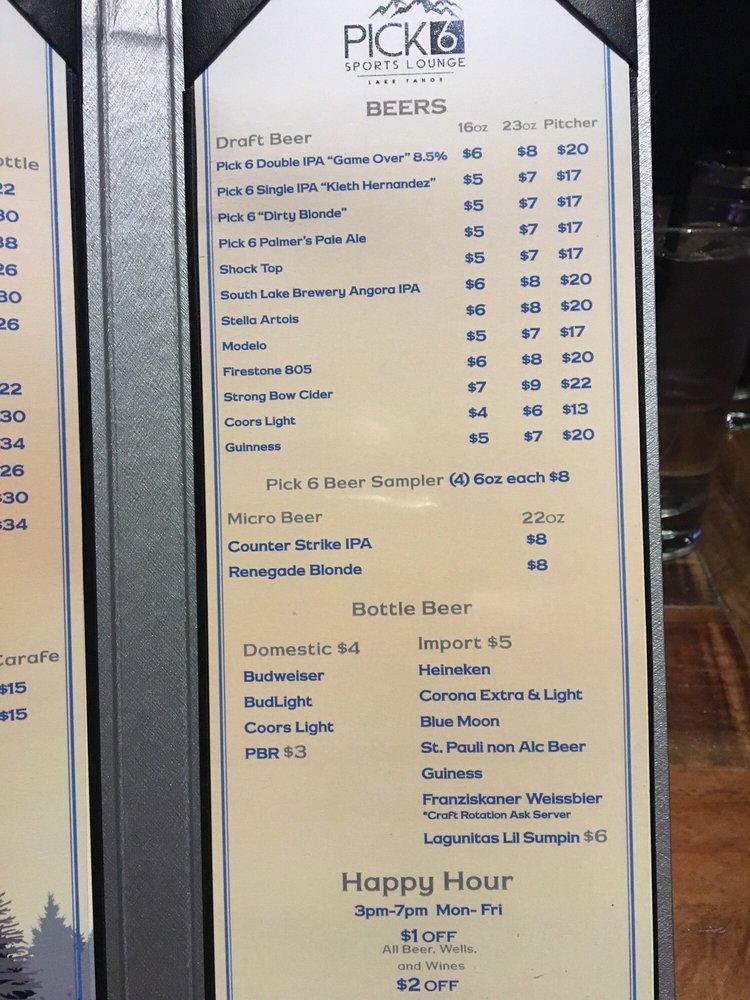 Menu at Pick 6 Sports Lounge Lake Tahoe pub & bar, South Lake Tahoe