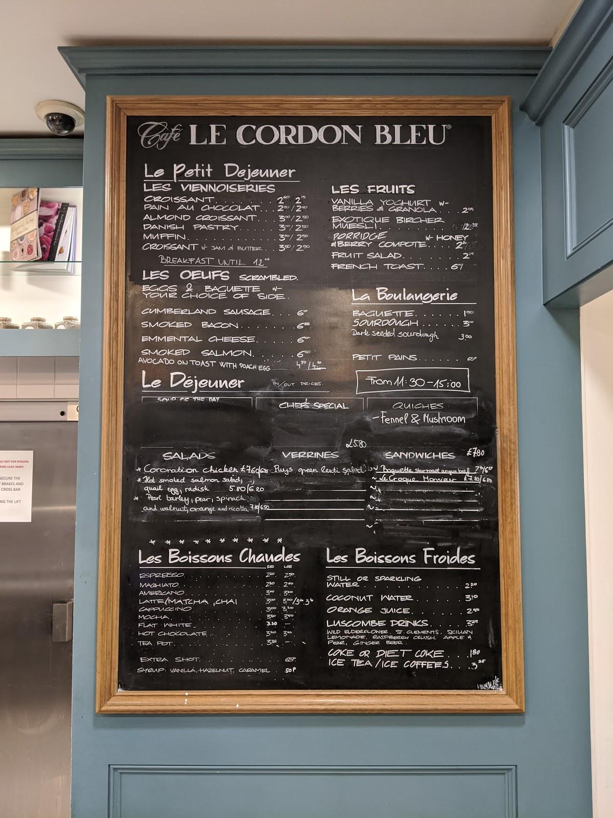Menu at Café Le Cordon Bleu cafe, London