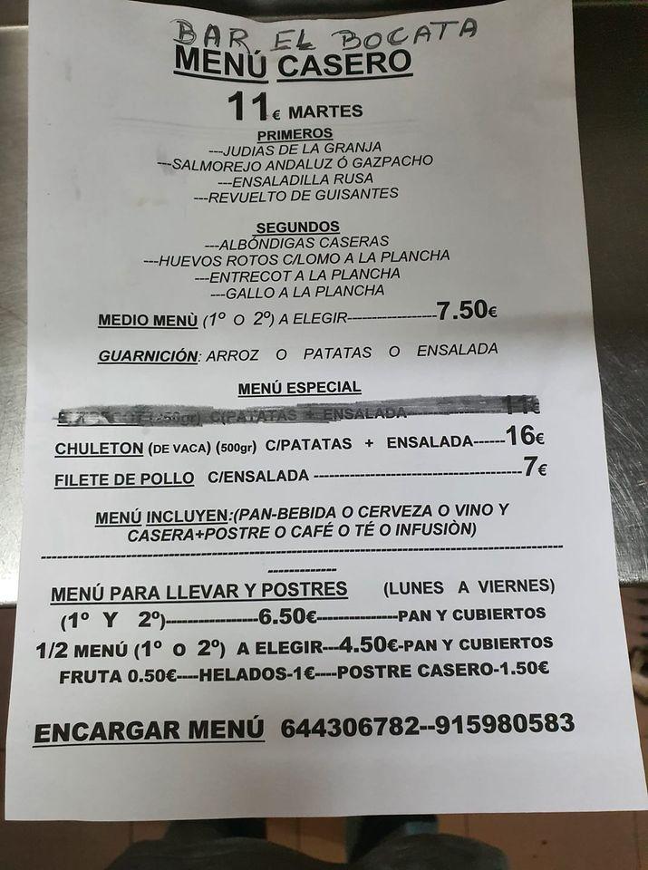 Menu at El Bocata pub & bar, Madrid