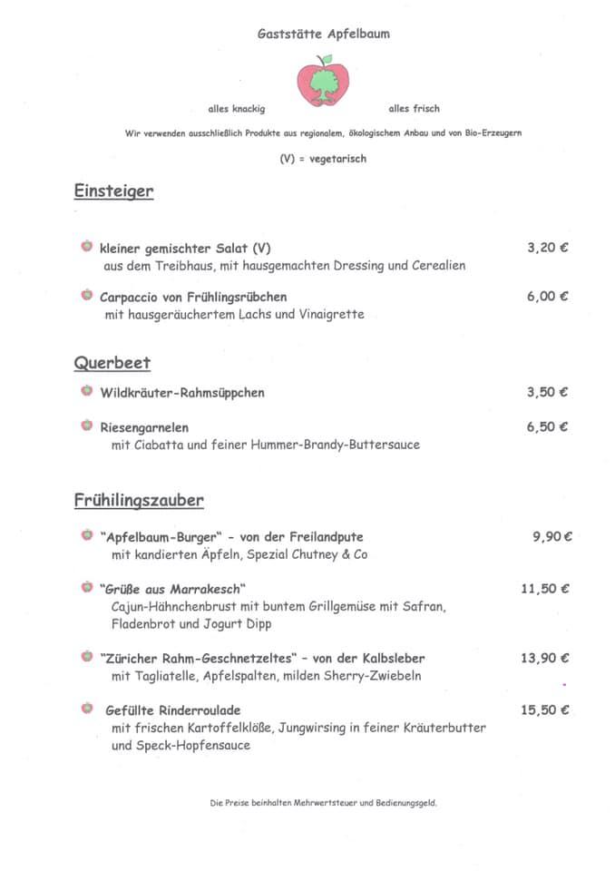 Speisekarte von Gaststätte Apfelbaum pub & Bar, Essen