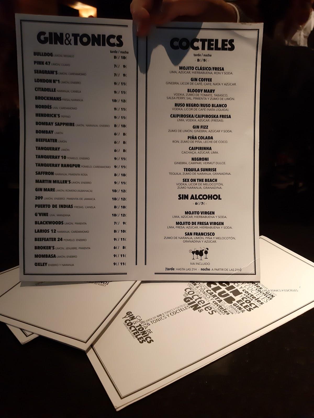 Menu at Gin Club, Madrid, C. de la Reina