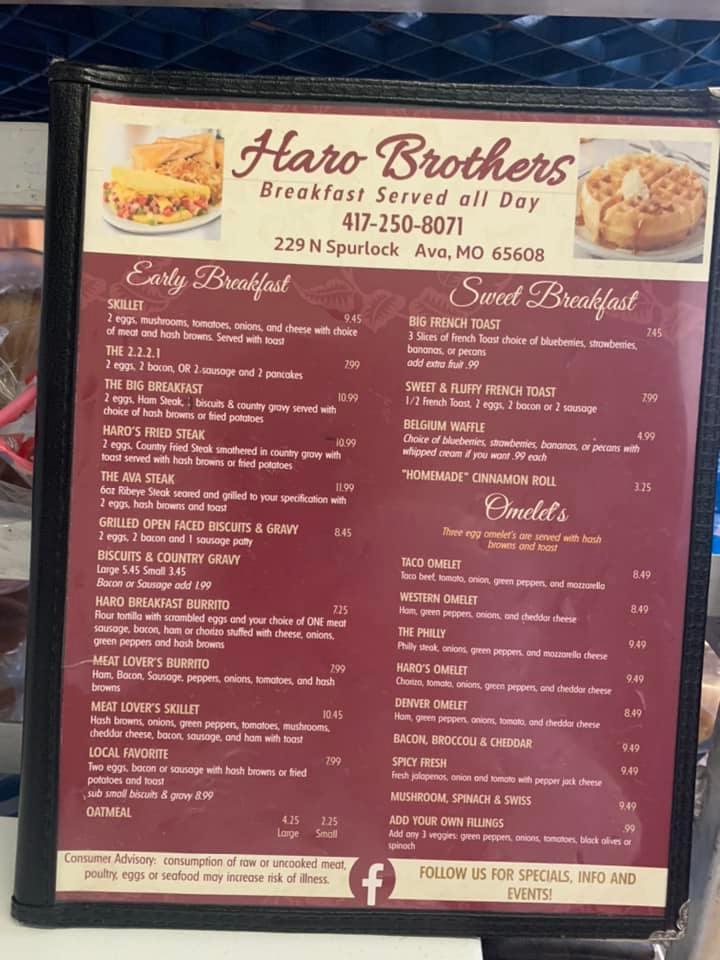 Menu at Haro Brothers Restaurant, Ava