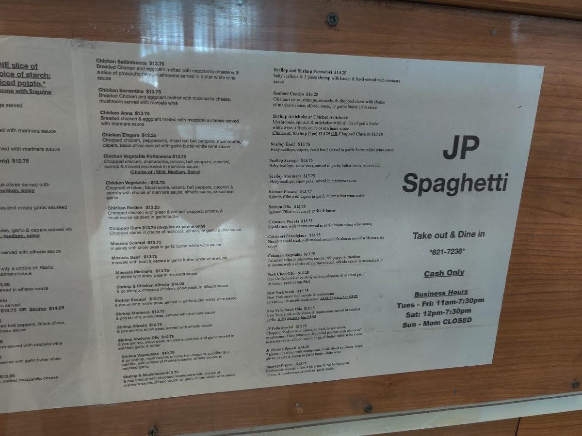 Menu at J P Spaghetti fast food, Wahiawa