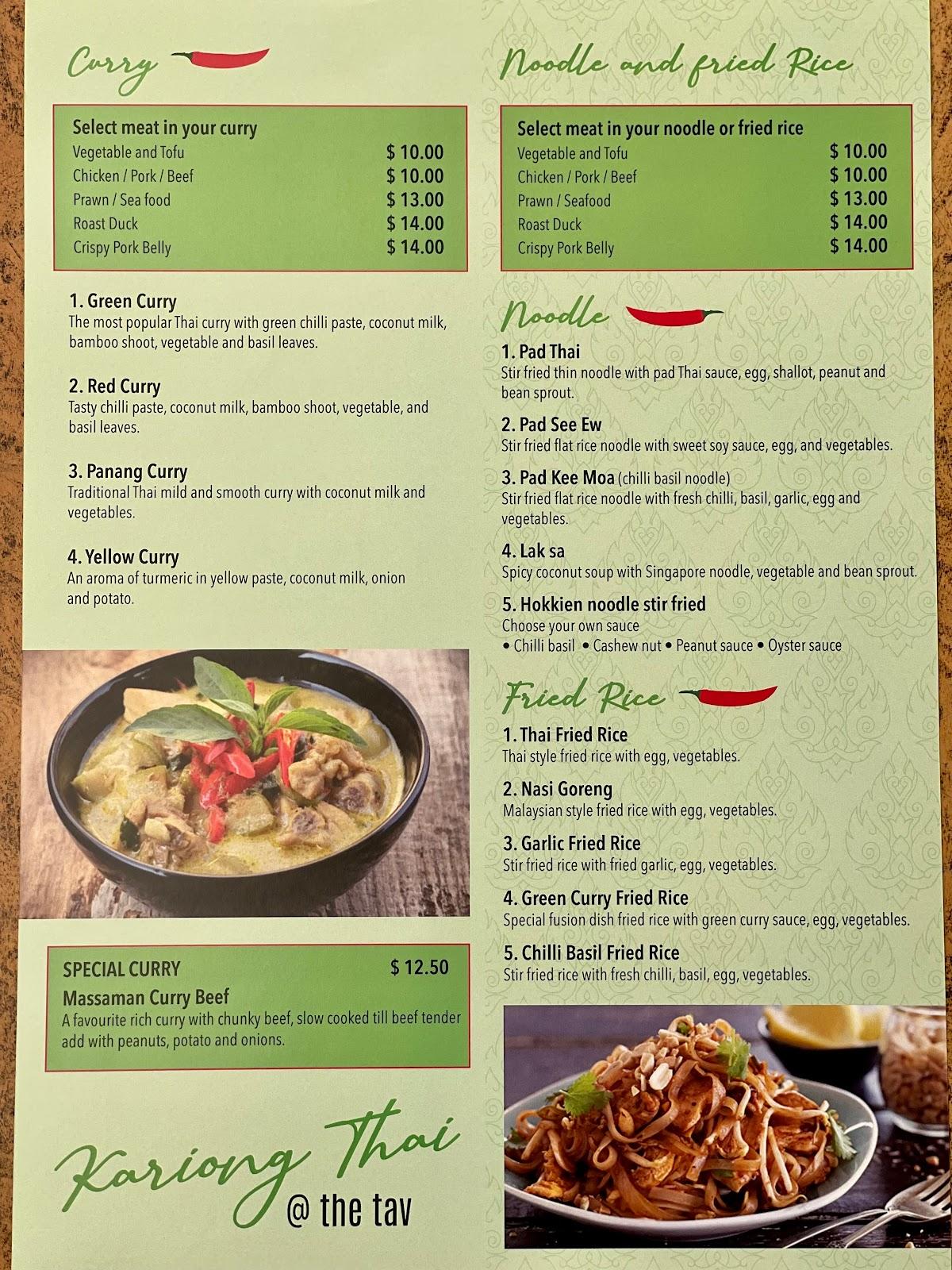 Menu at Kariong Thai restaurant, Kariong