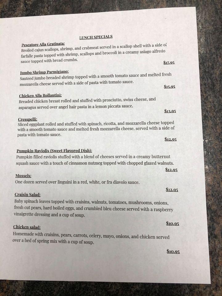 Menu at Martinos Trattoria & Pizzeria, Vineland
