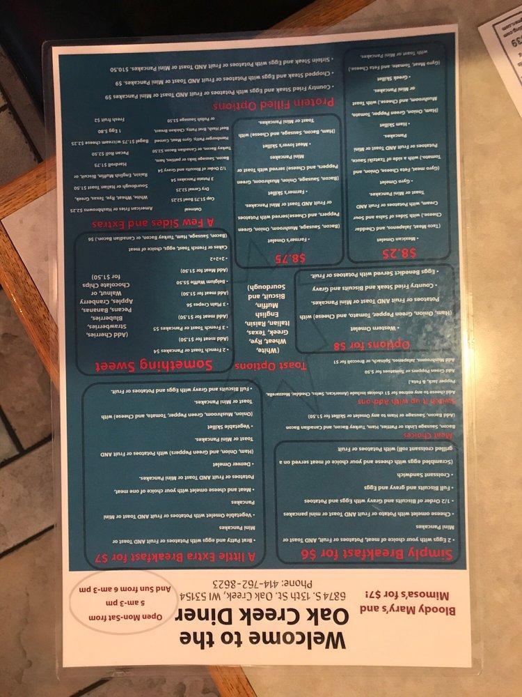 Menu at Oak Creek Diner restaurant, Oak Creek