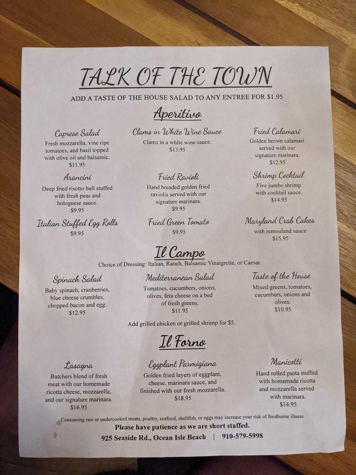 Menu at Talk Of The Town restaurant, Ocean Isle Beach