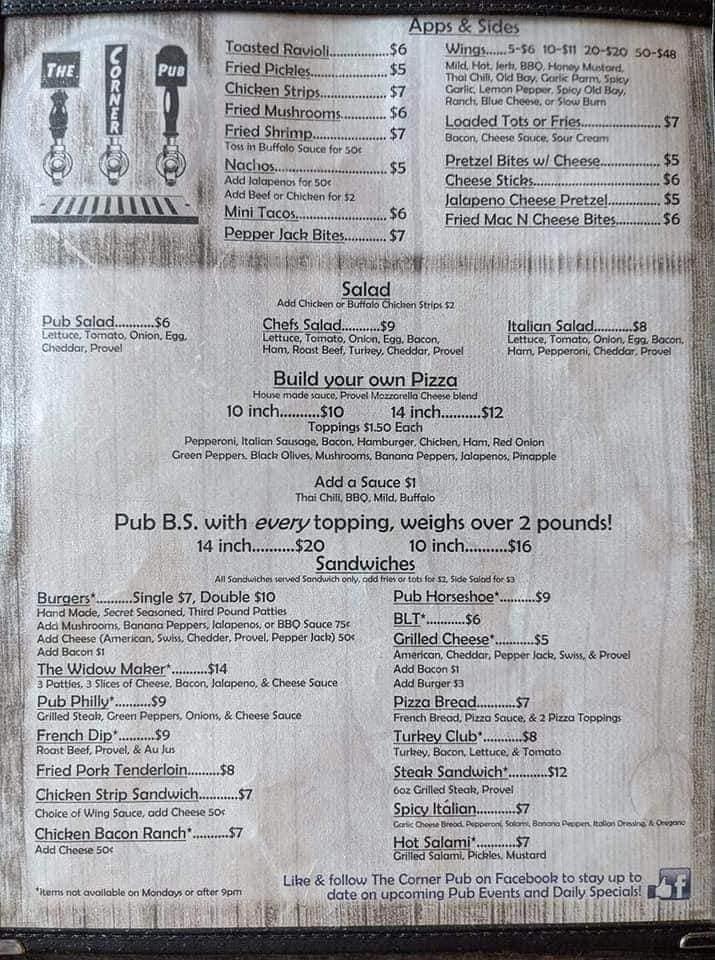 Menu at The Corner Pub, Valmeyer