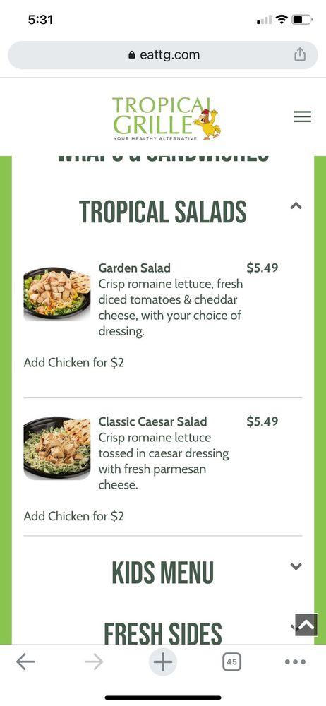 Menu at Tropical Grille restaurant, Greenville, 215 Pelham Rd