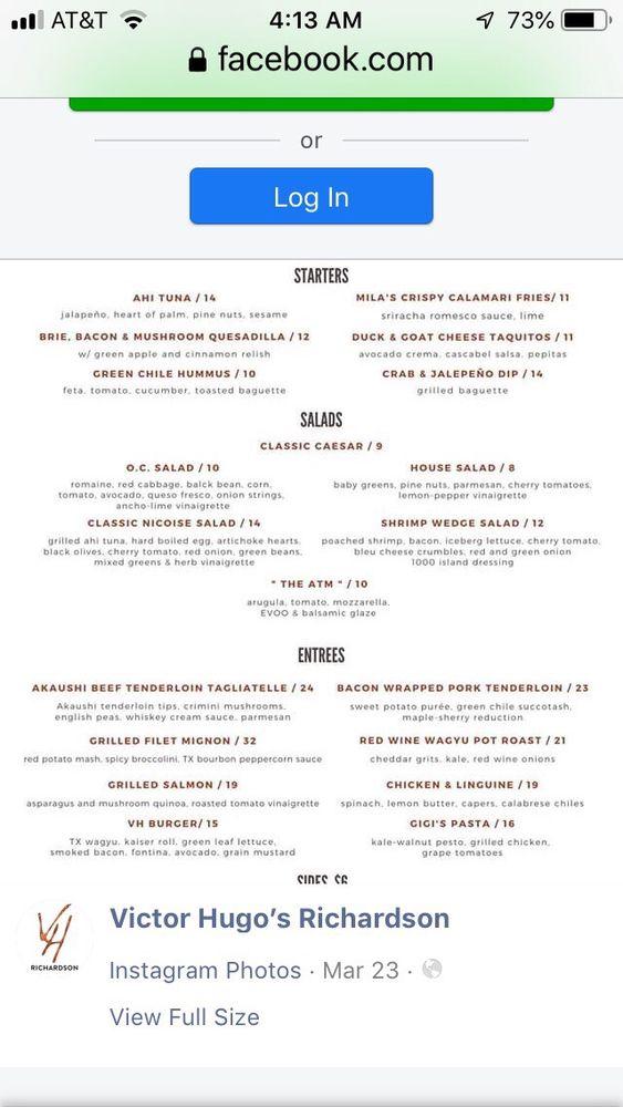 Menu at Victor Hugo's pub & bar, Richardson