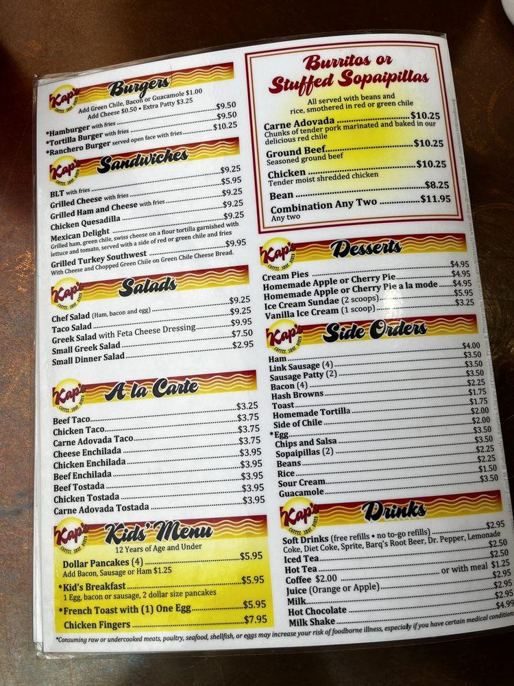 Menu at Kap's Coffee Shop & Diner cafe, Albuquerque