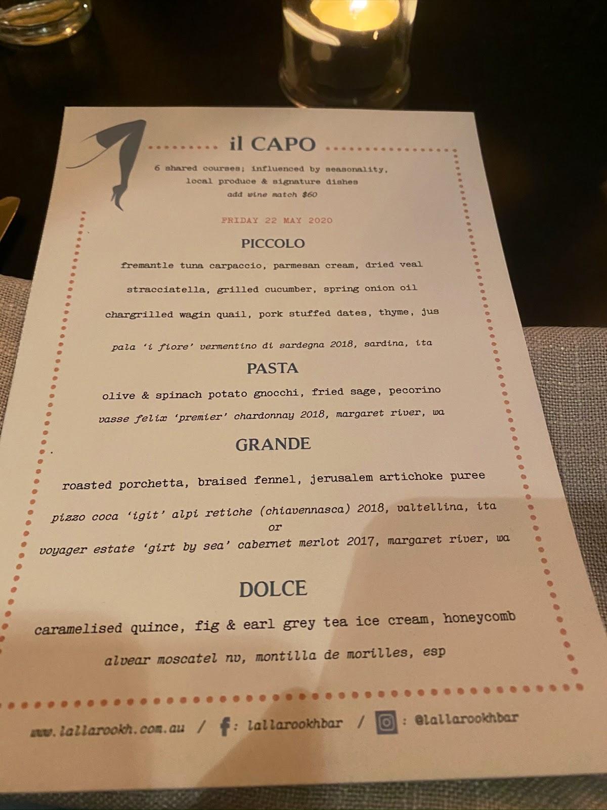 Menu at Lalla Rookh pub & bar, Perth
