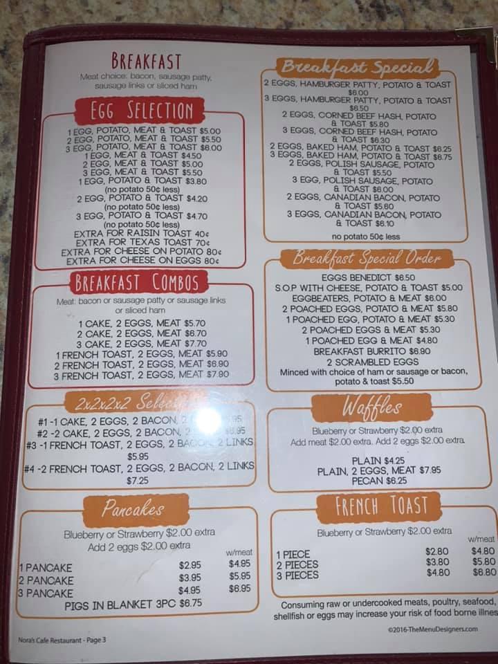 Menu at Nora's Café restaurant, Clinton