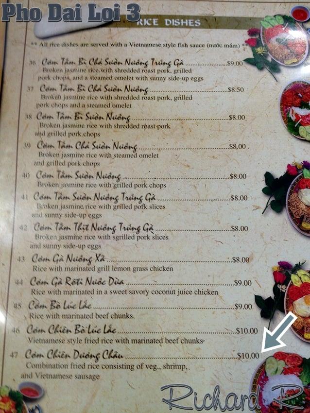 Menu at Pho Dai Loi #3 restaurant, Duluth