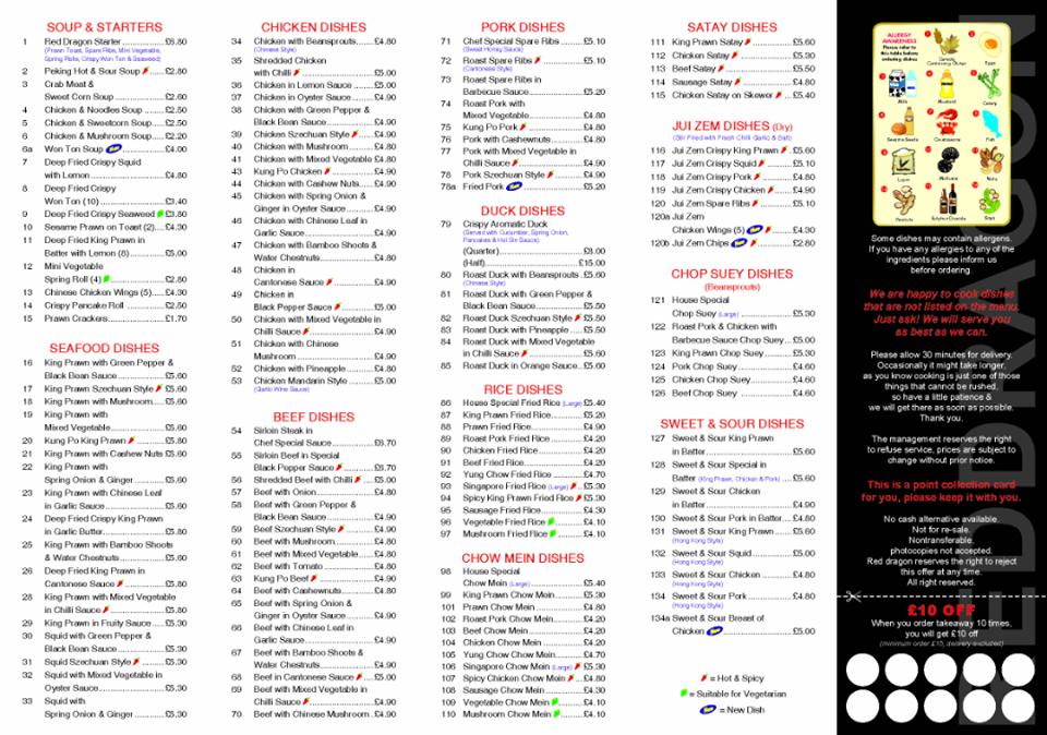 Menu at Red Dragon fast food, Portsmouth