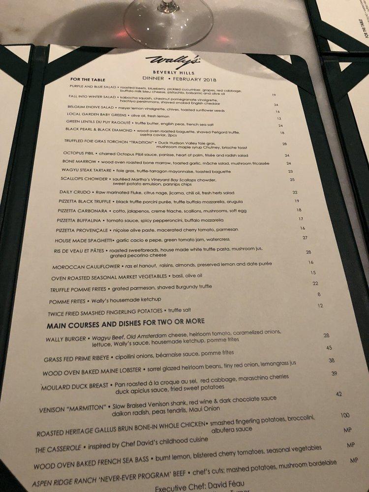 Menu at Wally's Beverly Hills restaurant, Beverly Hills, 447 N Canon Dr