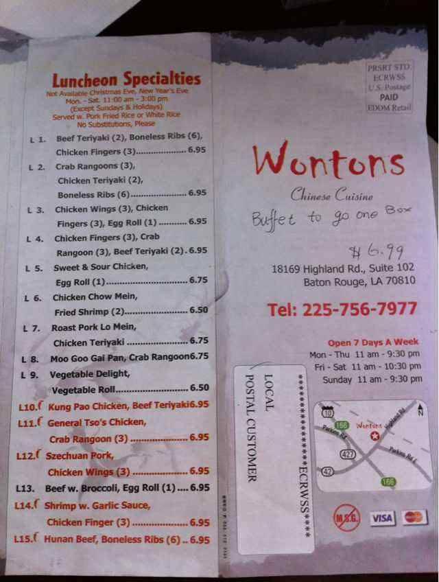 Menu at Wontons restaurant, Baton Rouge
