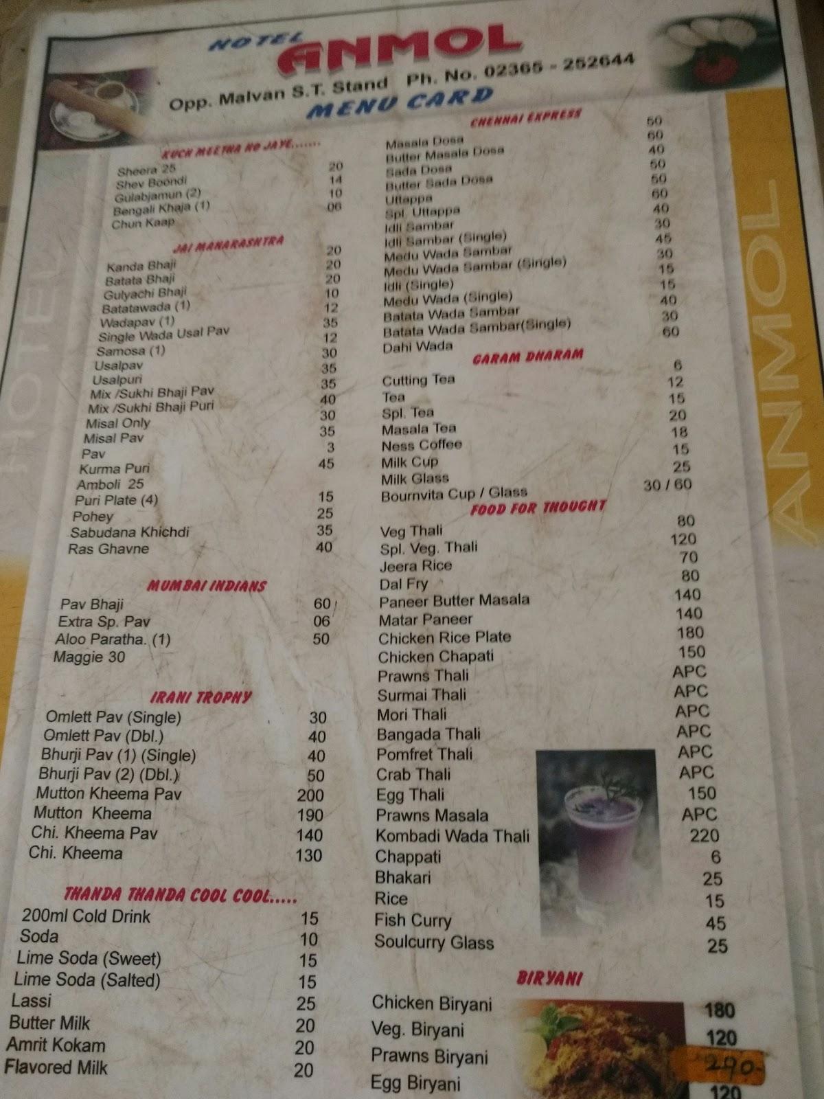 Menu at Anmol Hotel, Malvan, MH SH 182