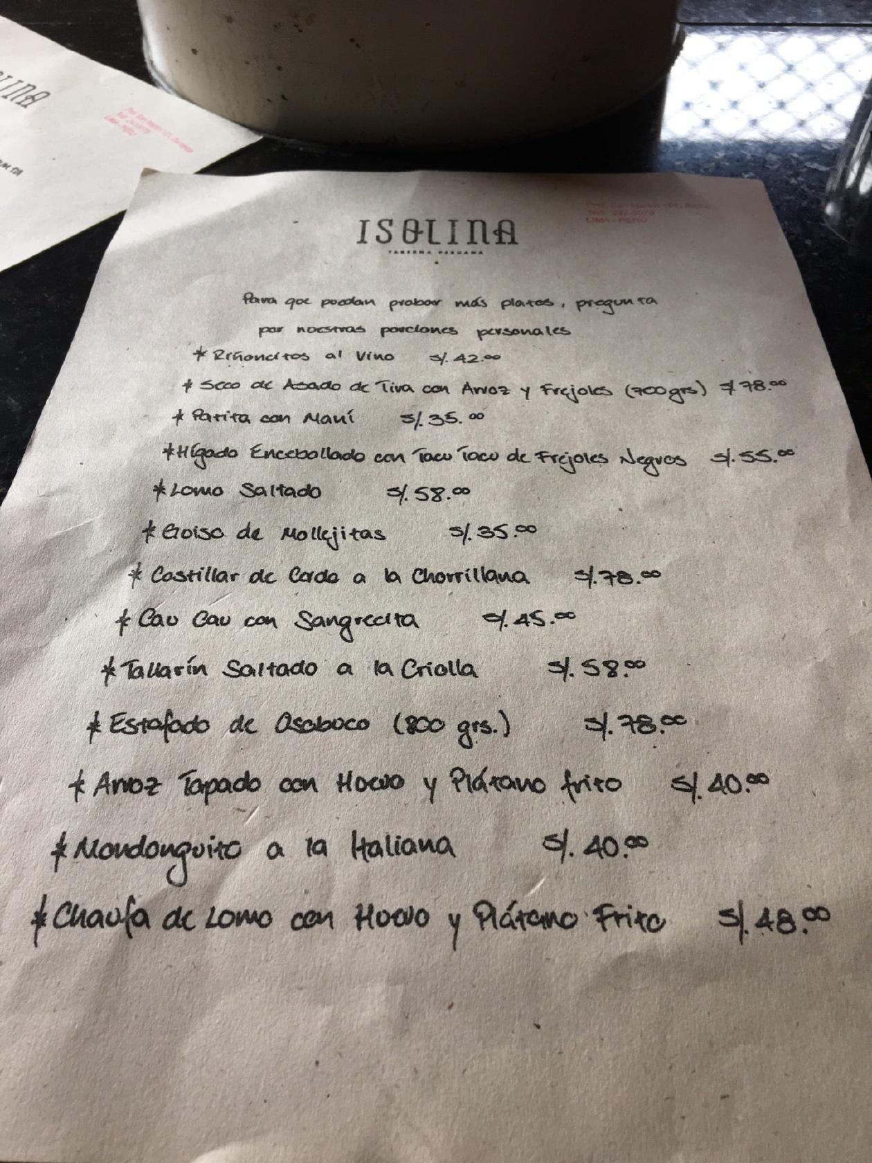 Carta del restaurante Isolina Taberna Peruana, Barranco