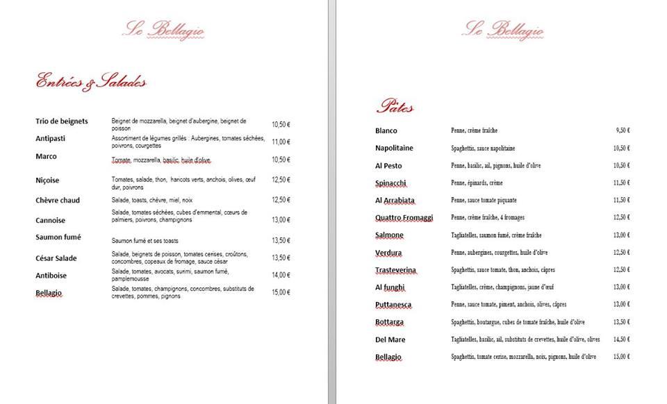 Menu at Le Bellagio restaurant, Boulogne-Billancourt