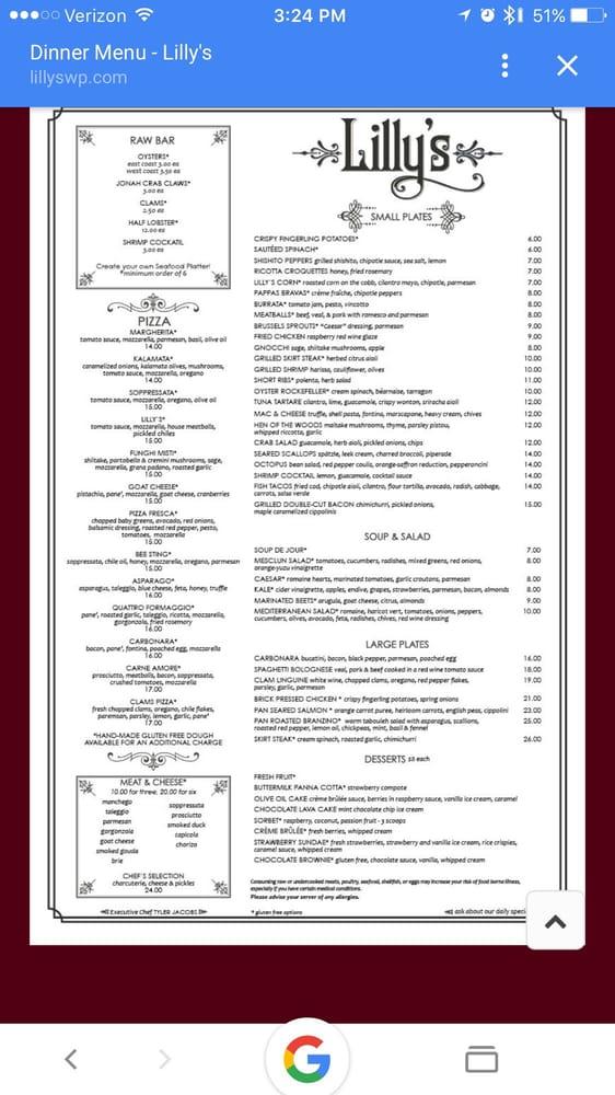 Menu at Lilly's pub & bar, White Plains
