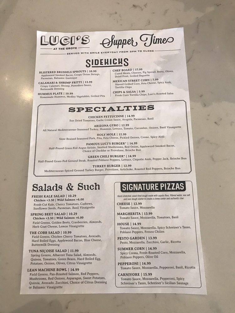 Menu at Luci's at the Grove restaurant, Scottsdale