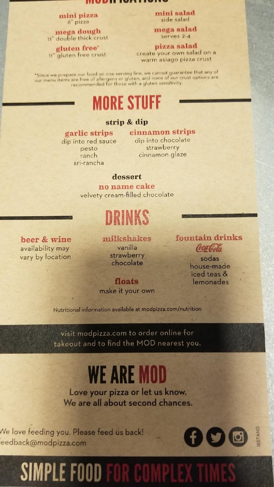 Menu at MOD Pizza pizzeria, Hillsboro, NE 106th Ave Suite C