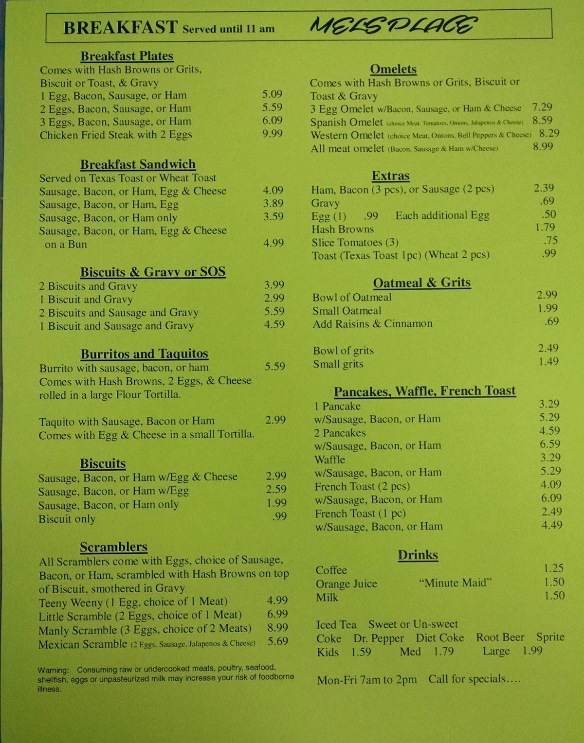 Carta del café Mel's Place, Boyd, Farm to Market Rd 730 N