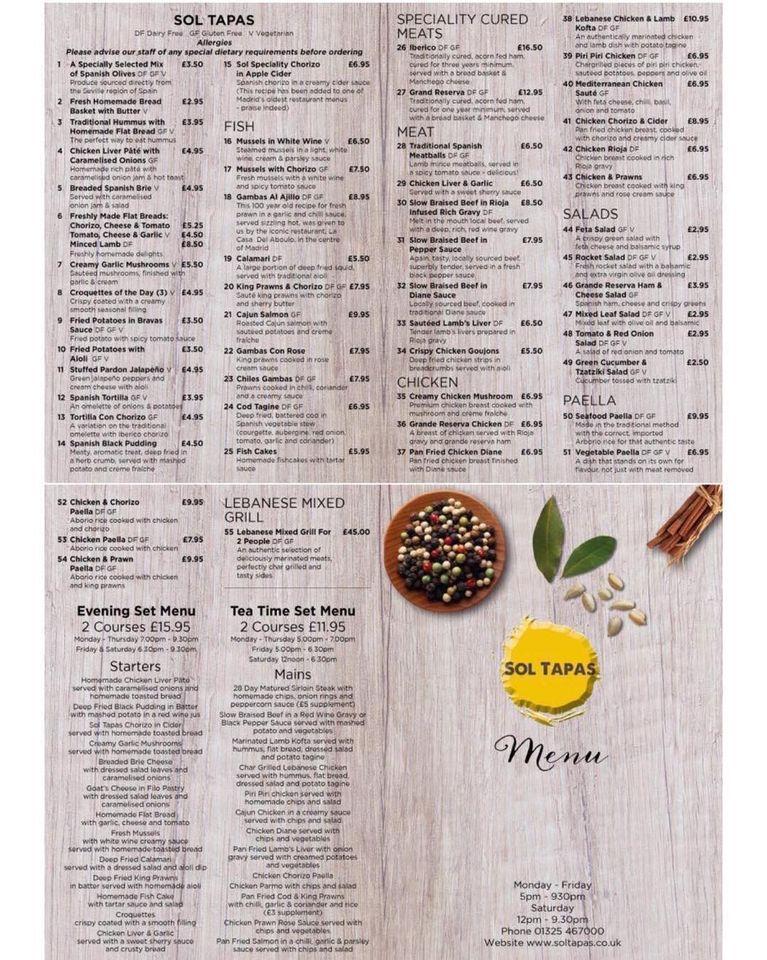 Menu at Sol Tapas Restaurant, Darlington