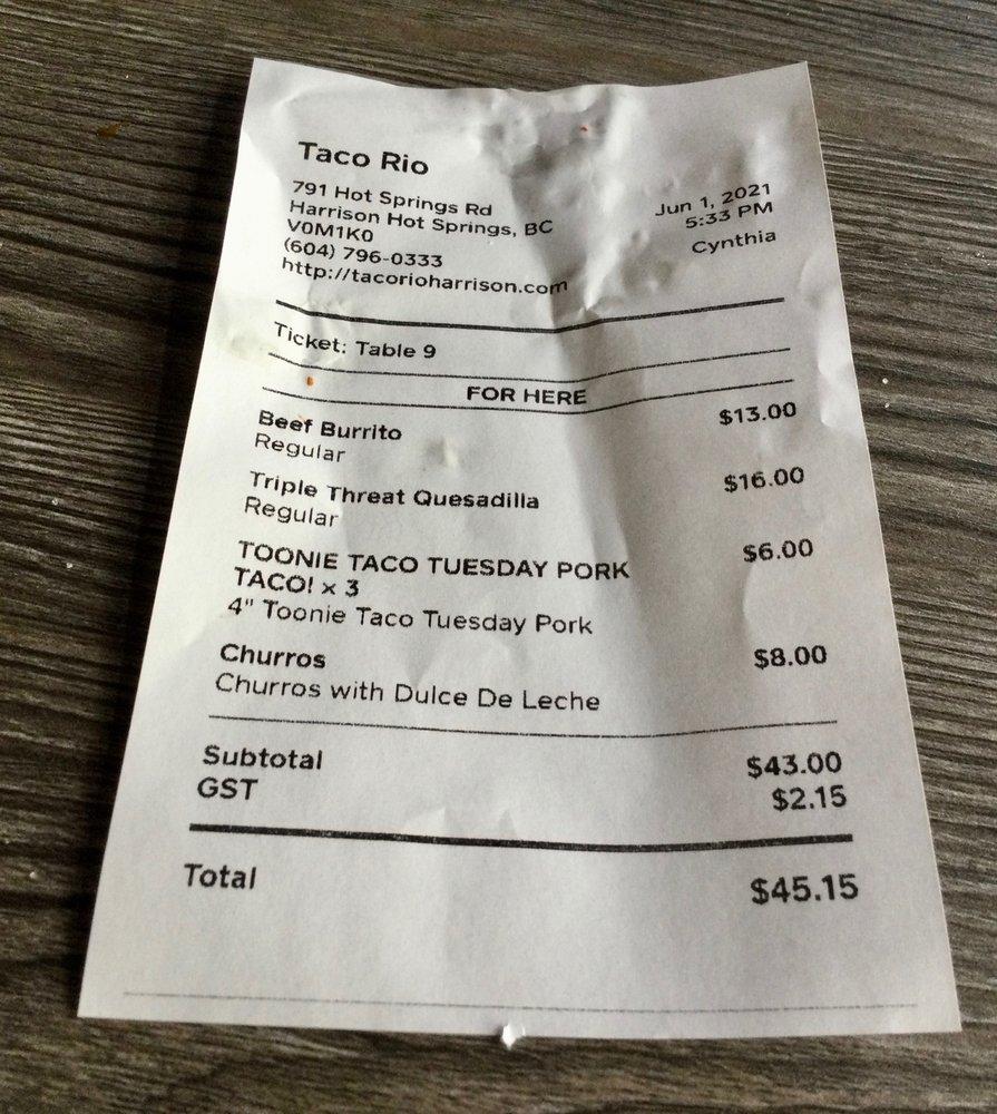 Menu at Taco Rio restaurant, Harrison Hot Springs