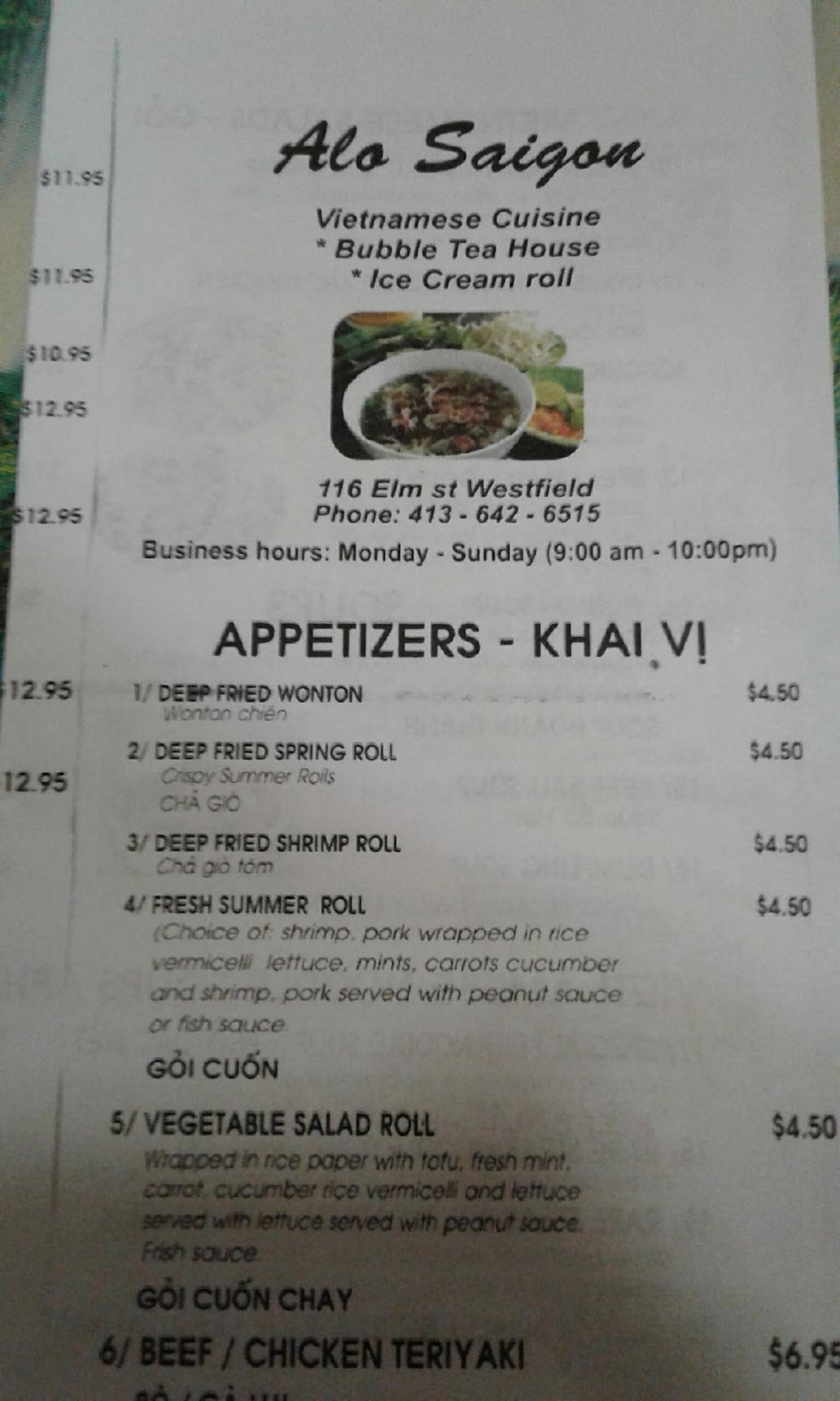 Menu at Alo Saigon restaurant, Westfield