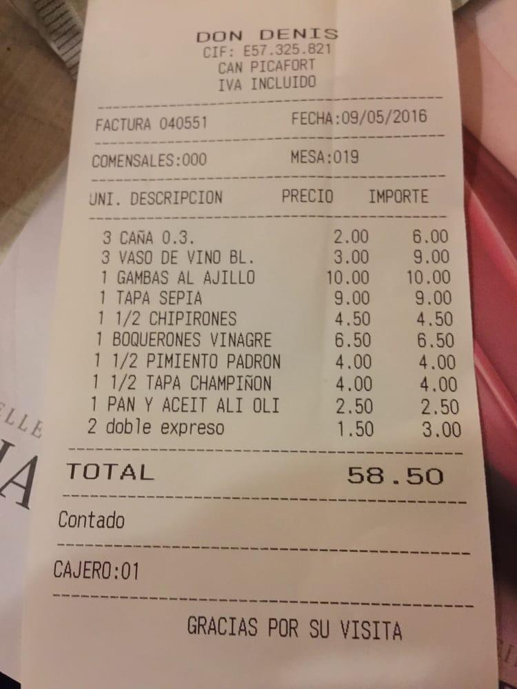 Menu at Don Denis restaurant, Can Picafort, Carrer Enginyer Felicià Fuster
