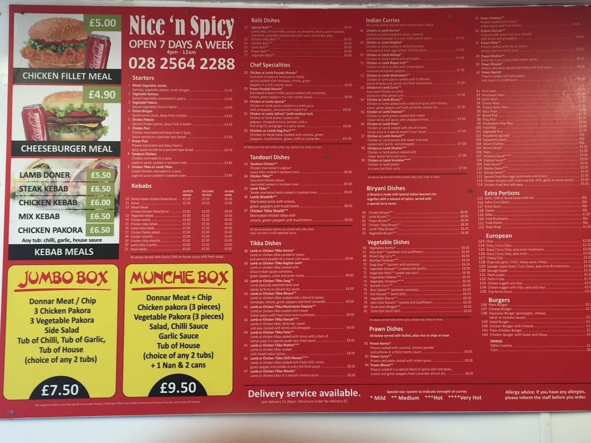 Menu at Nice 'n Spicy restaurant, Ballymena