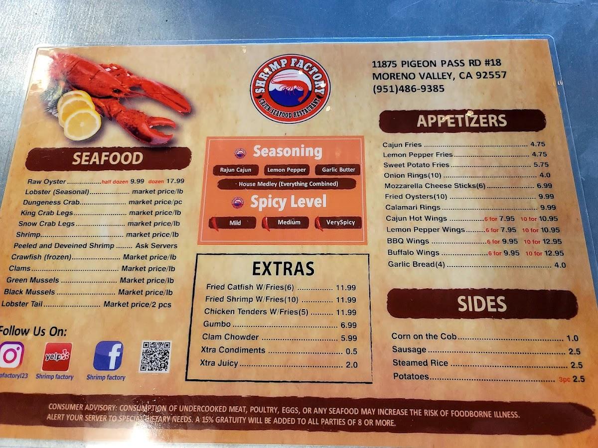 Menu at Shrimp Factory restaurant, Moreno Valley
