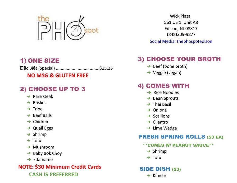 Menu at The Pho Spot restaurant, Edison
