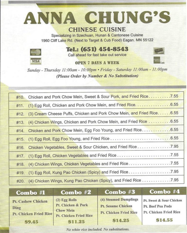 Menu at Anna Chung's Chinese restaurant, Eagan