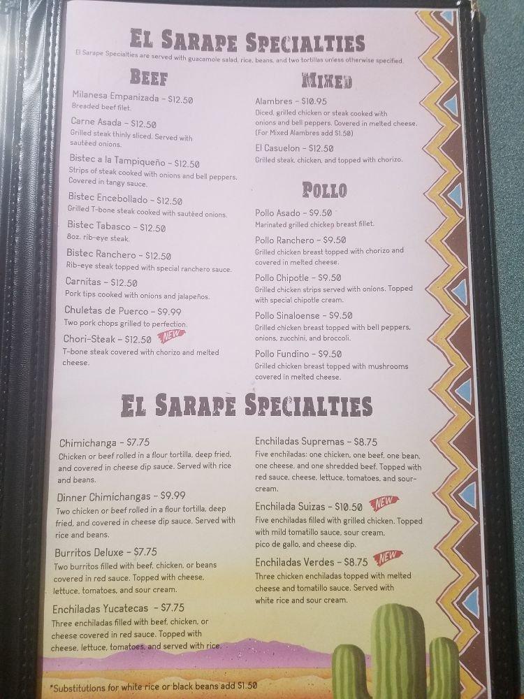 Menu at El Sarape restaurant, Yadkinville