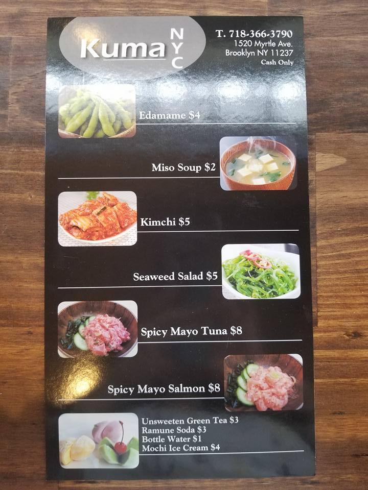 Menu at KUMA NYC restaurant, New York City