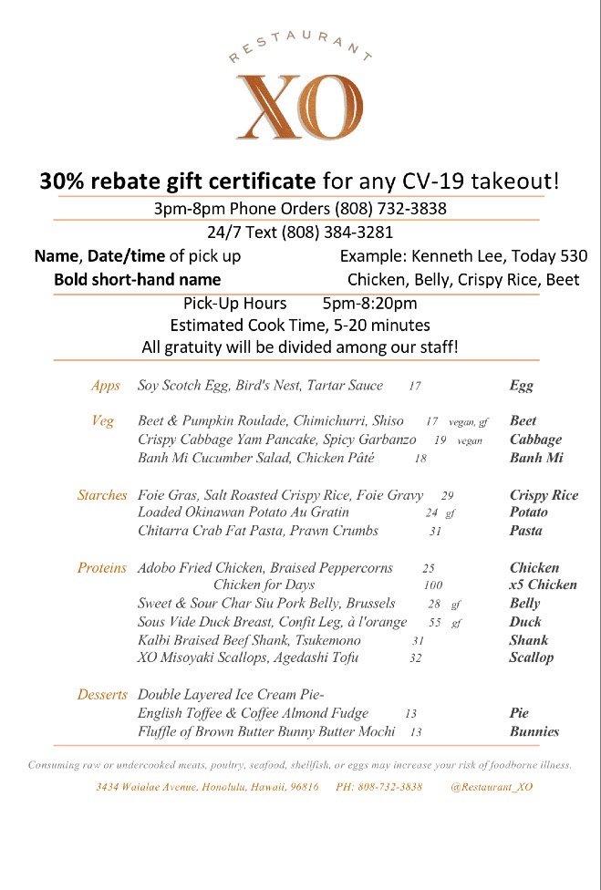 Menu at Restaurant XO, Honolulu