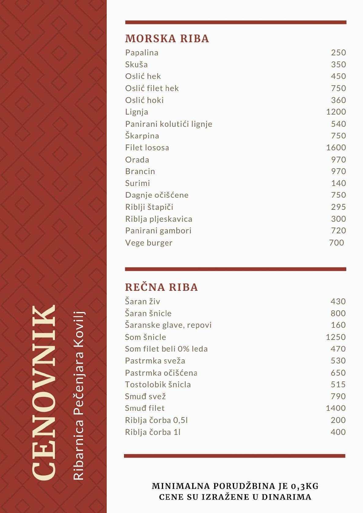 Menu au Ribarnica Pečenjara Kovilj, Kovilj