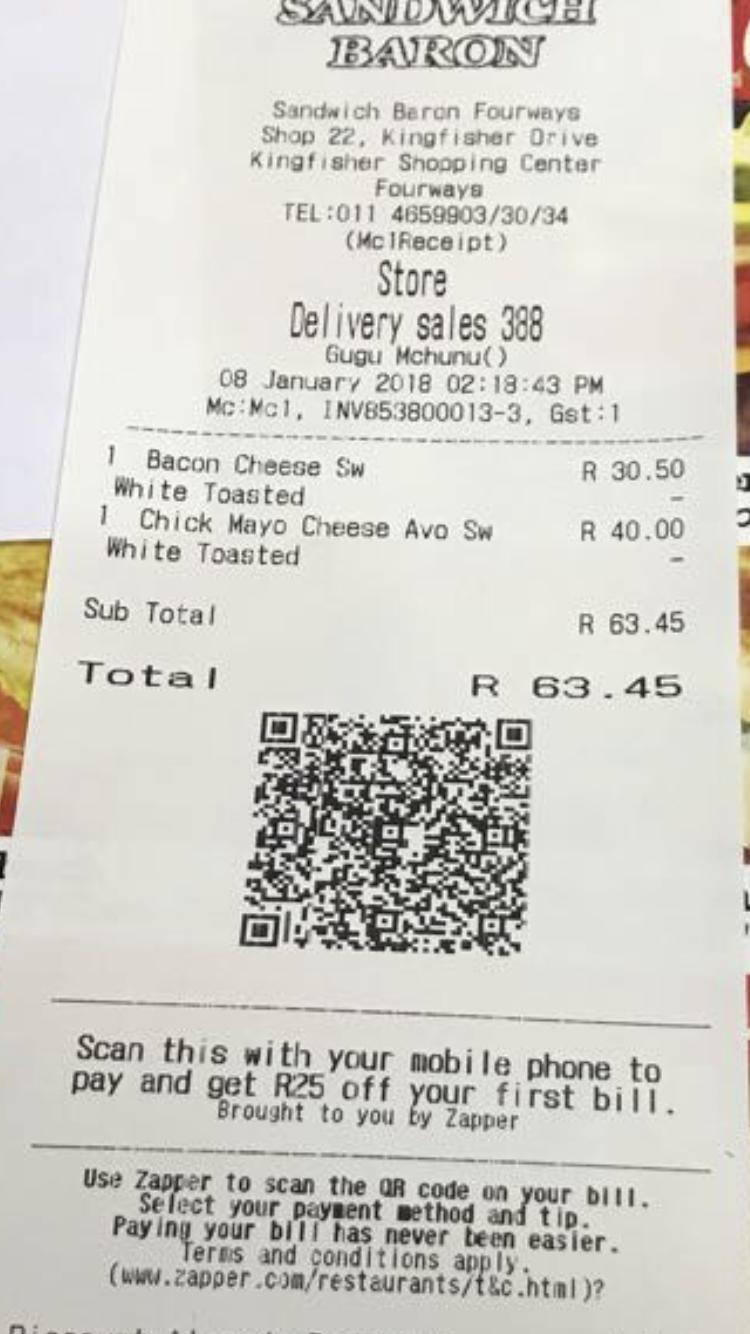 Carta de Sandwich Baron Bryanston, Sandton