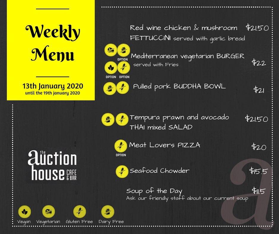 Menu at The Auction House cafe, Invercargill
