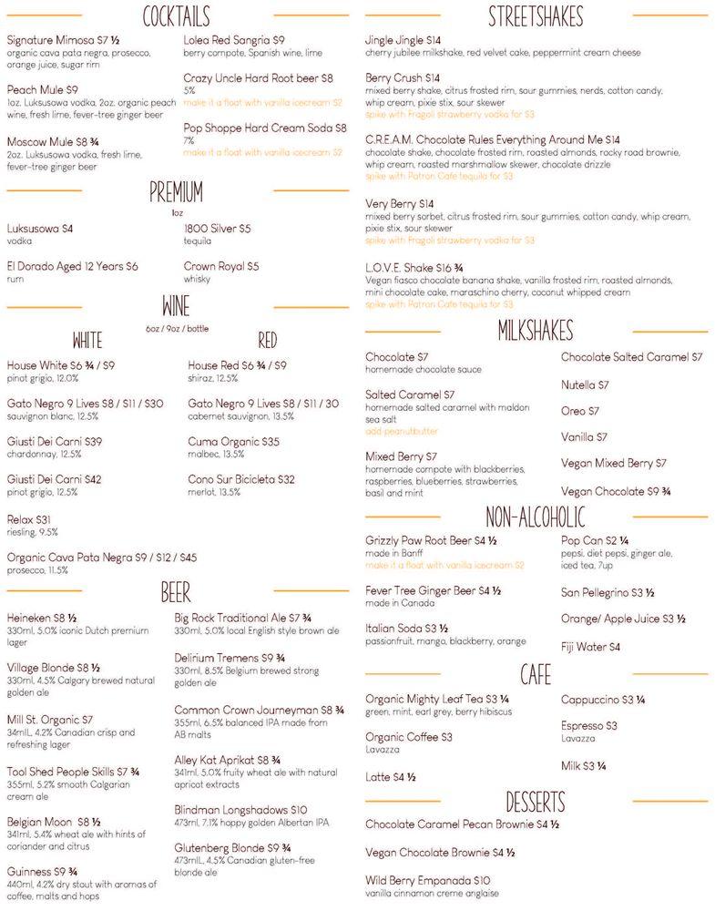 Menu at The Street Eatery restaurant, Calgary