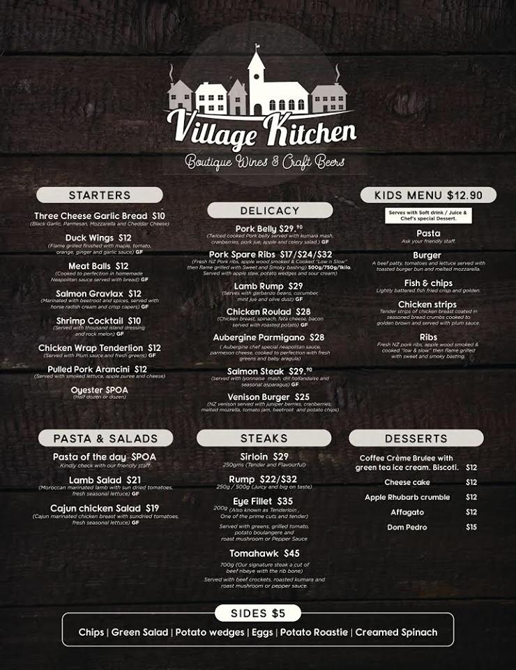 Menu at The Village Kitchen restaurant, Morrinsville