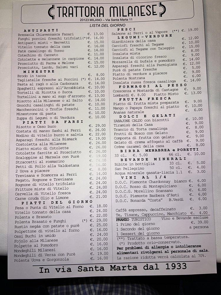 Menu da Trattoria Milanese - Dal 1933 caffè bar, Milano, Via Santa Marta